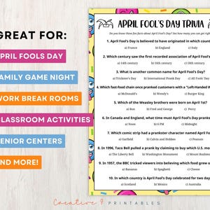 April Fool's Day Trivia Printable Game for Kids and Adults, 10 Trivia ...