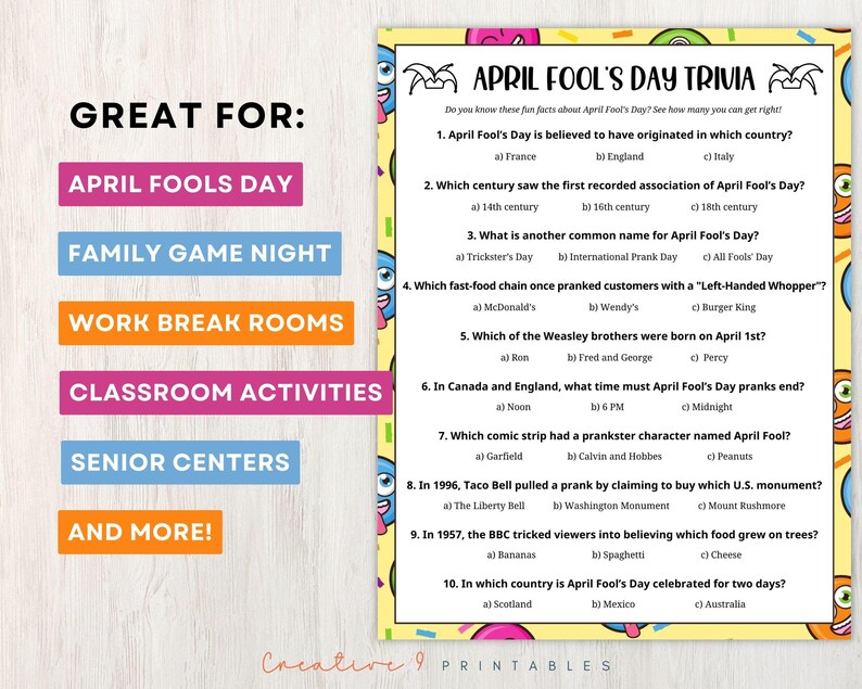 April Fool's Day Trivia Printable Game for Kids and Adults, 10 Trivia ...