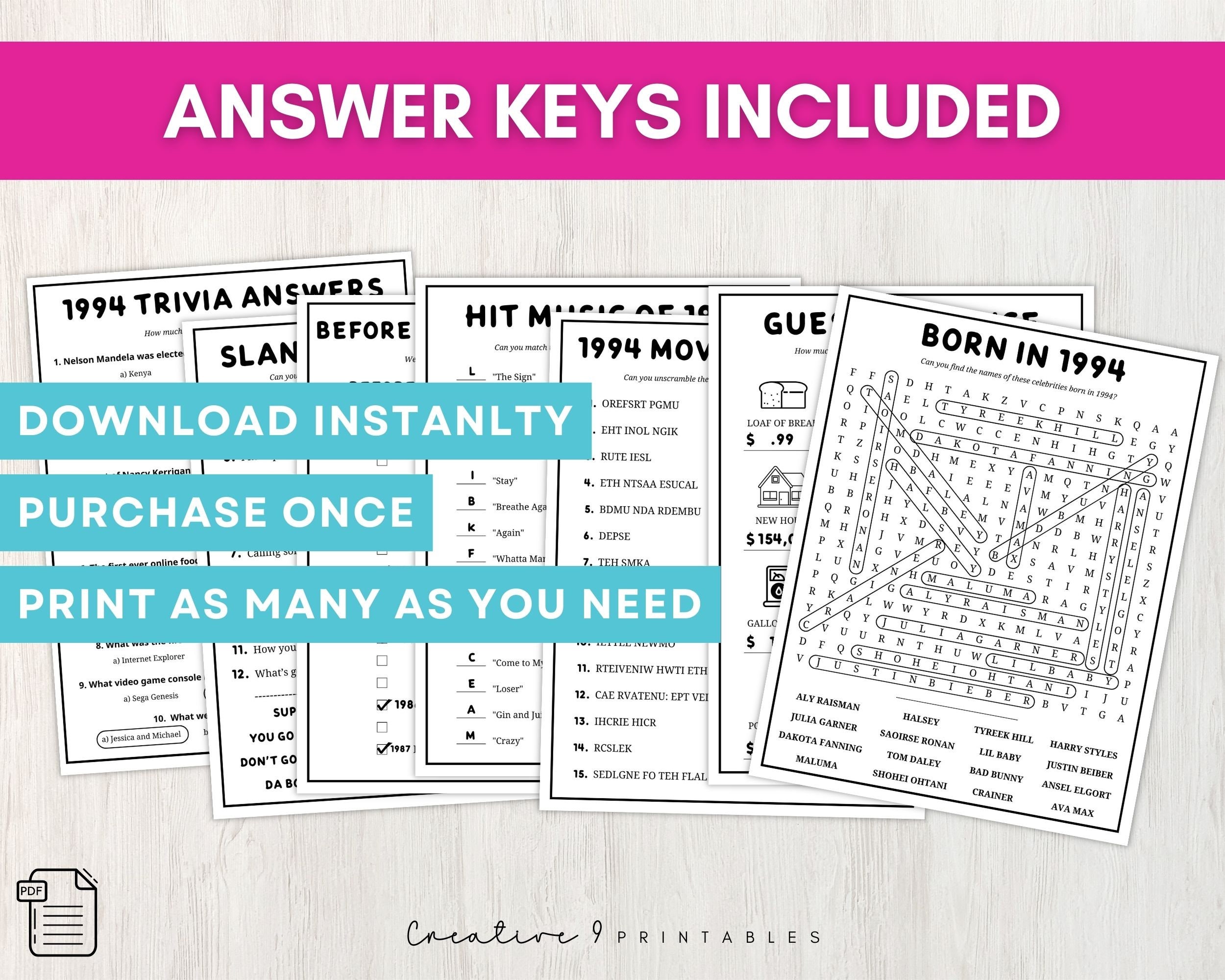 1994 Trivia Bundle for Adults, 7 Fun Printable 31st Birthday Party ...