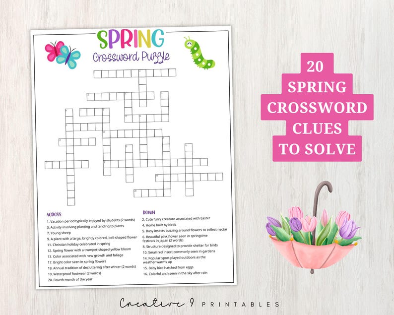 Spring Crossword Puzzle for Kids and Adults, Fun Printable Springtime ...