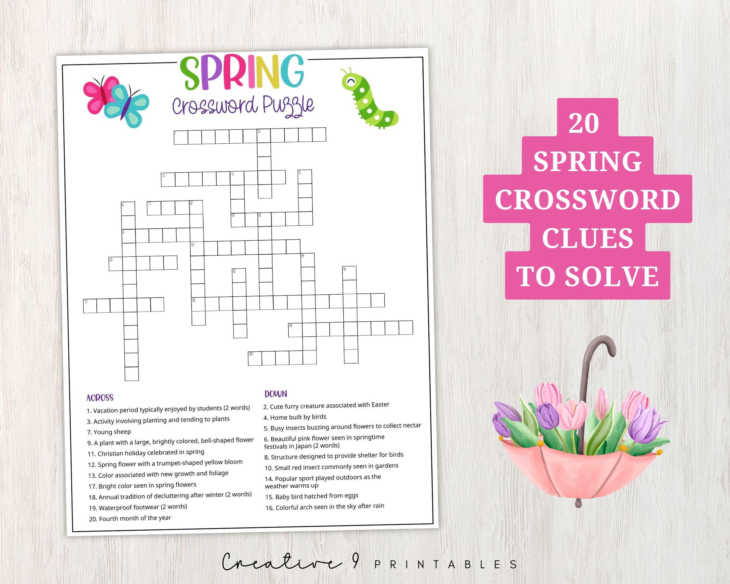 Spring Crossword Puzzle for Kids and Adults, Fun Printable Springtime ...