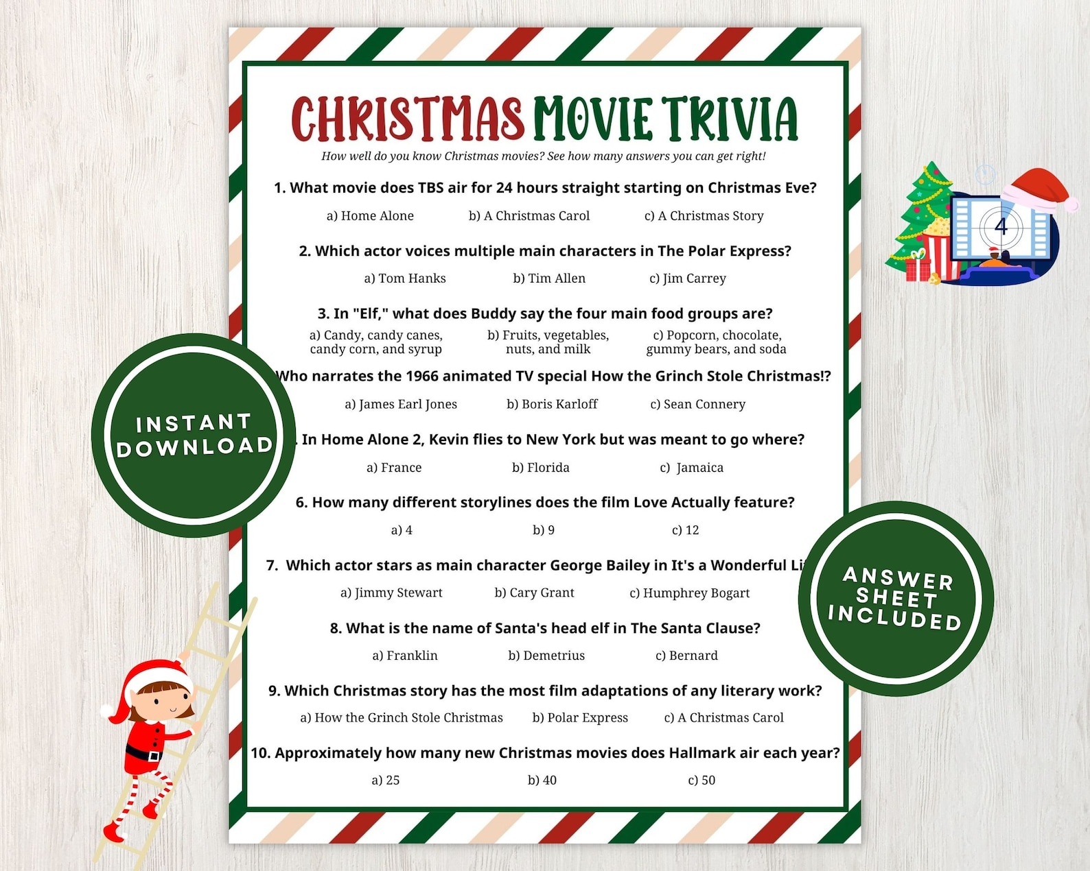 Printable Christmas Movie Trivia Game for Adults and Kids, 10 Fun ...