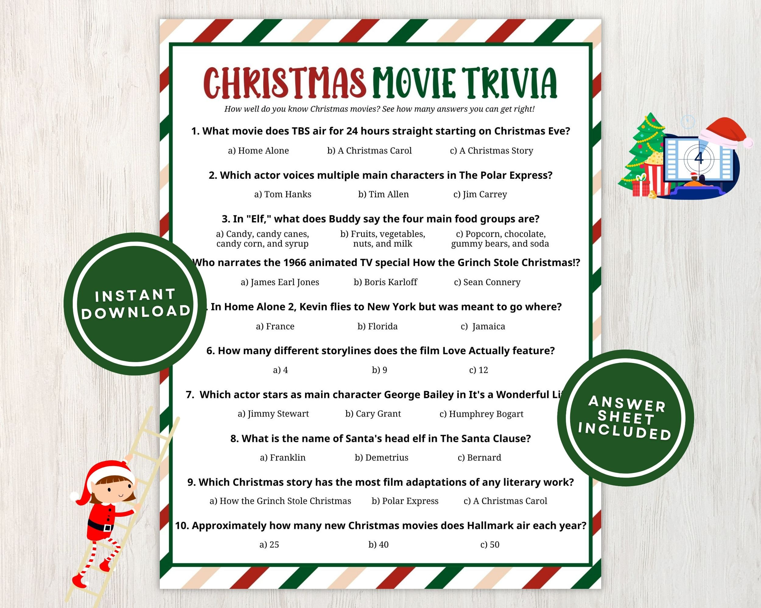 Printable Christmas Movie Trivia Game for Adults and Kids, 10 Fun ...