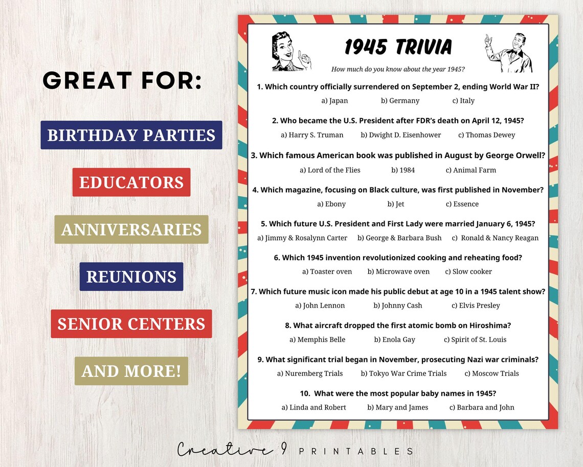 1945 Trivia With Answers, Printable 80th Birthday Game, 10 Fun Quiz ...
