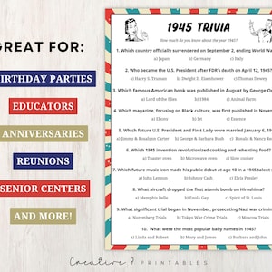 1945 Trivia With Answers, Printable 80th Birthday Game, 10 Fun Quiz ...