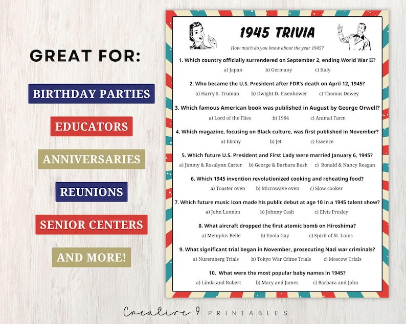 1945 Trivia With Answers, Printable 80th Birthday Game, 10 Fun Quiz ...