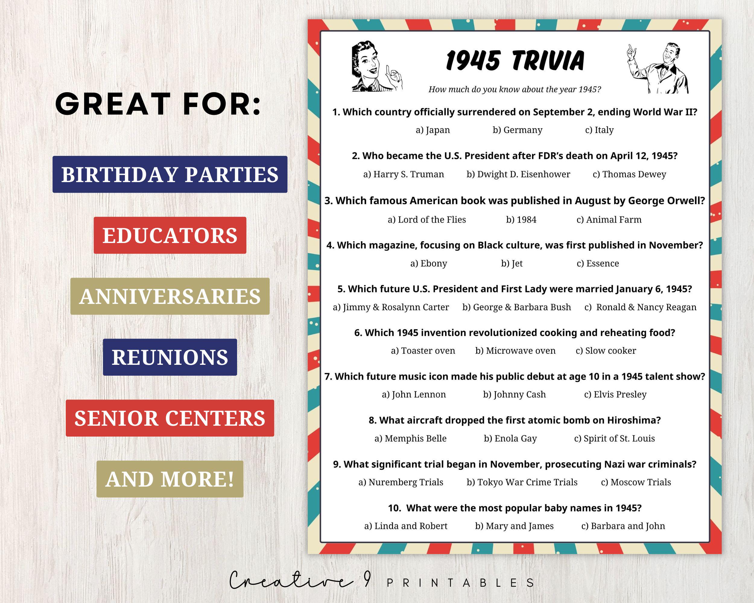 1945 Trivia With Answers, Printable 80th Birthday Game, 10 Fun Quiz ...