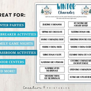 Printable Winter Charades Game for Kids, 30 Prompts With Winter Action ...