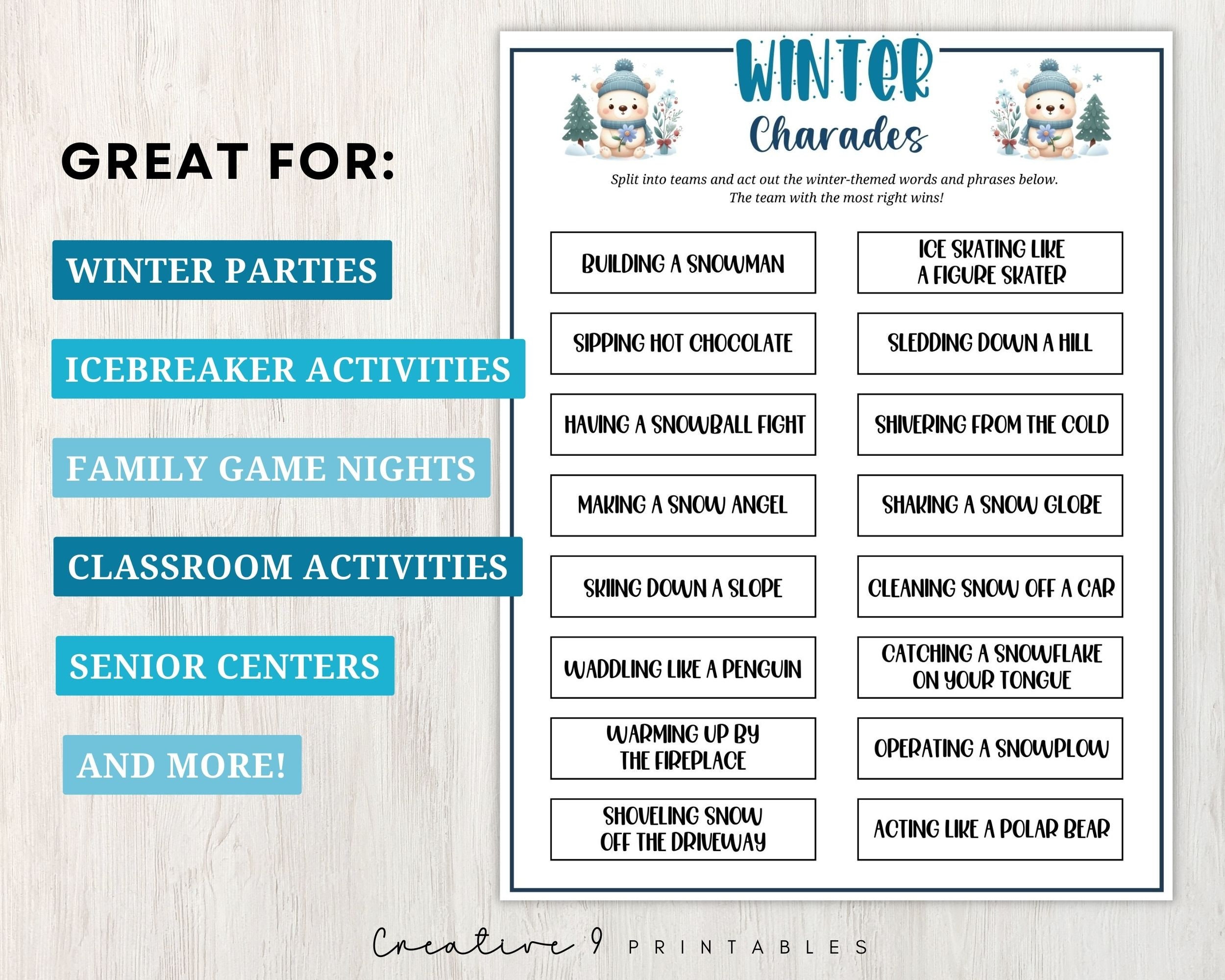 Printable Winter Charades Game for Kids, 30 Prompts With Winter Action ...