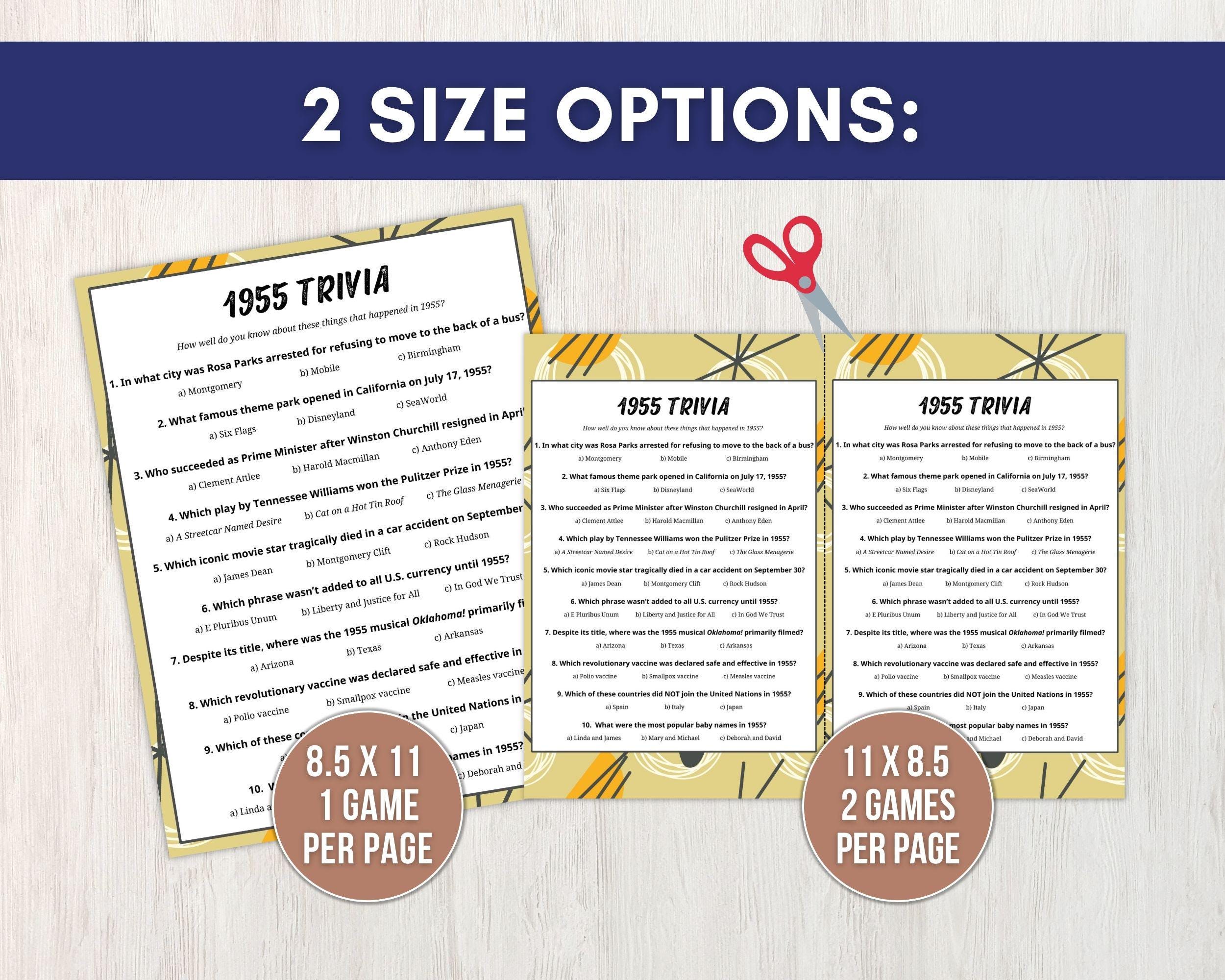 1955 Trivia Game Bundle, 70th Birthday Party Games, Born in 1955 ...