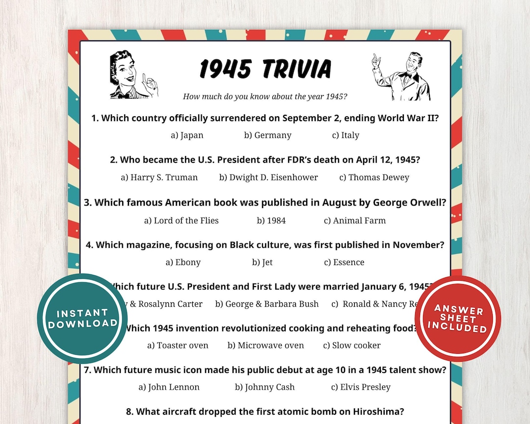 1945 Trivia With Answers, Printable 80th Birthday Game, 10 Fun Quiz ...