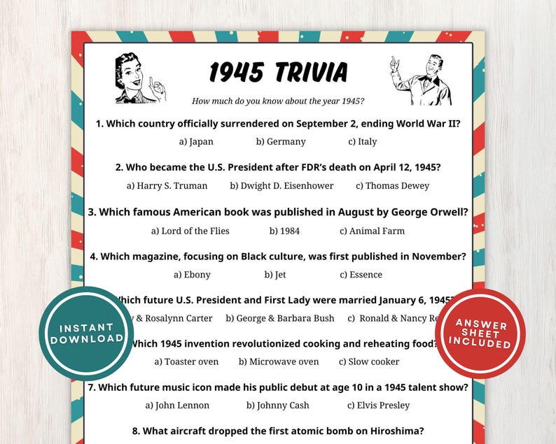 1945 Trivia With Answers, Printable 80th Birthday Game, 10 Fun Quiz ...