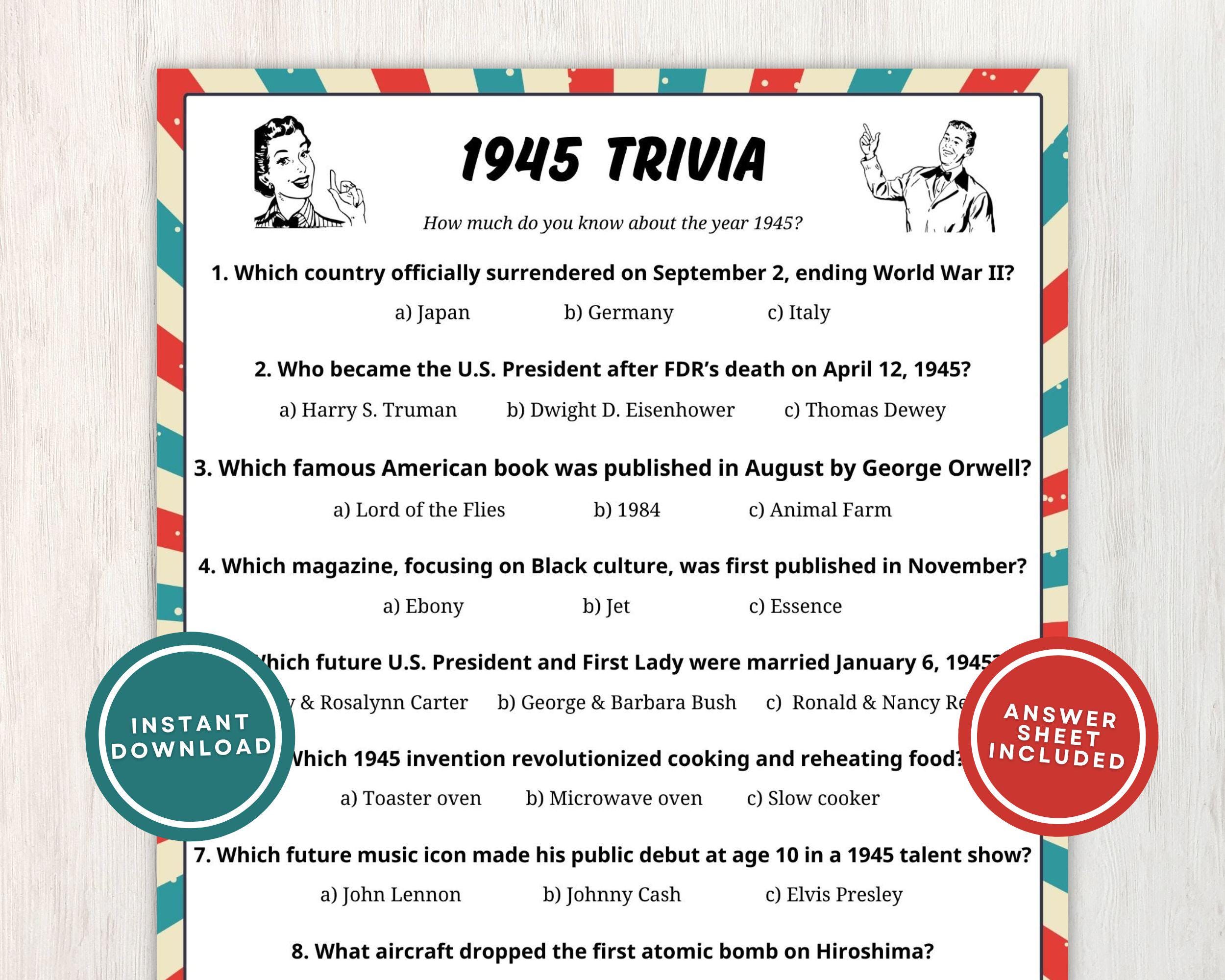 1945 Trivia With Answers, Printable 80th Birthday Game, 10 Fun Quiz Questions About Back in 1945 ...