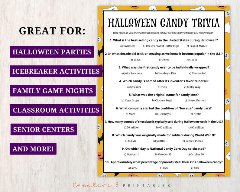 Halloween Candy Trivia Game for Kids, Teens, and Adults, 10 Trivia ...