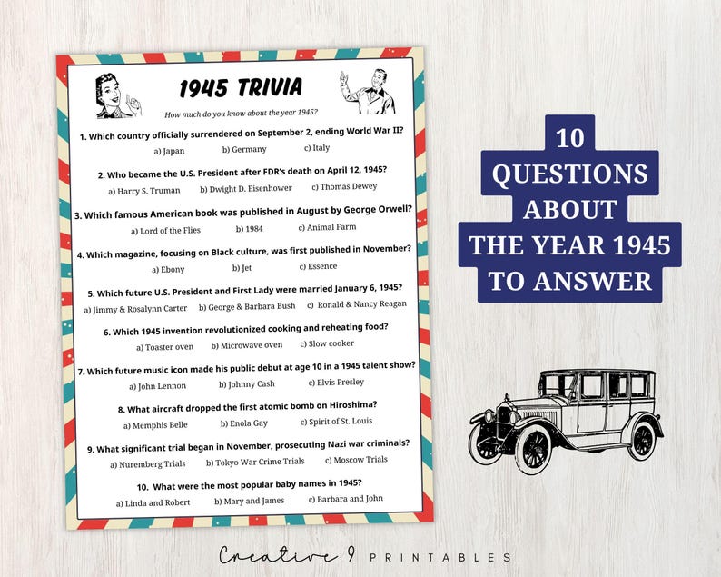 1945 Trivia With Answers, Printable 80th Birthday Game, 10 Fun Quiz ...