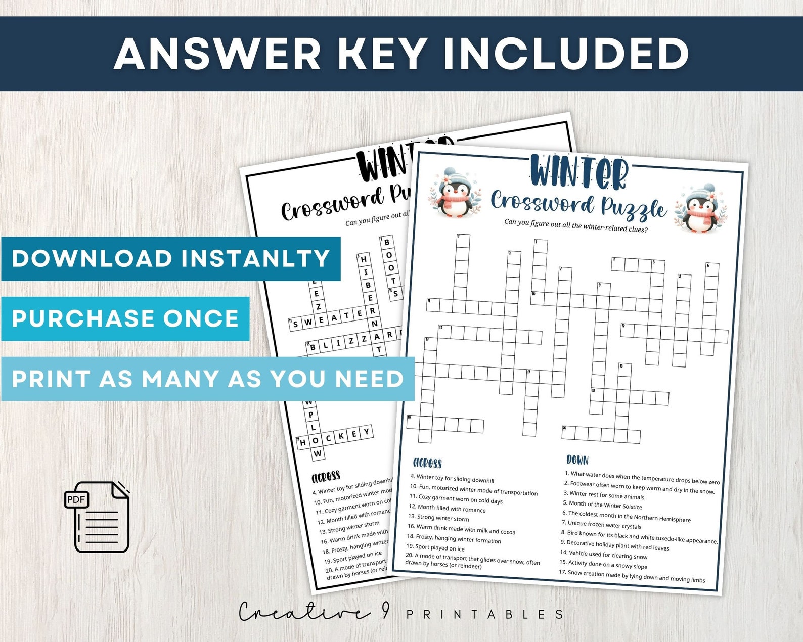 Printable Winter Crossword Puzzle for Kids and Adults, Fun Winter Word ...