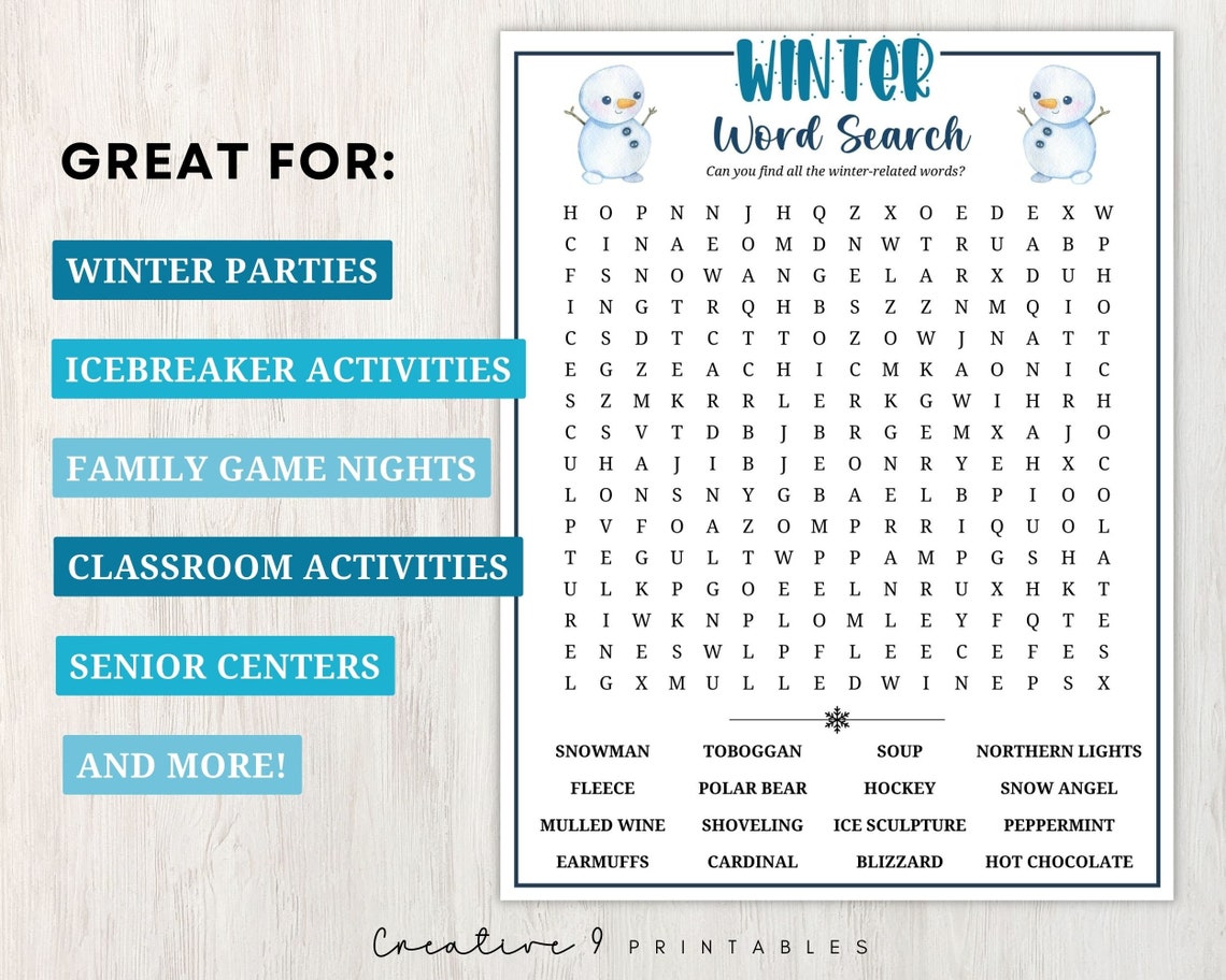 Printable Winter Word Search for Kids and Adults, Wordsearch Puzzle ...