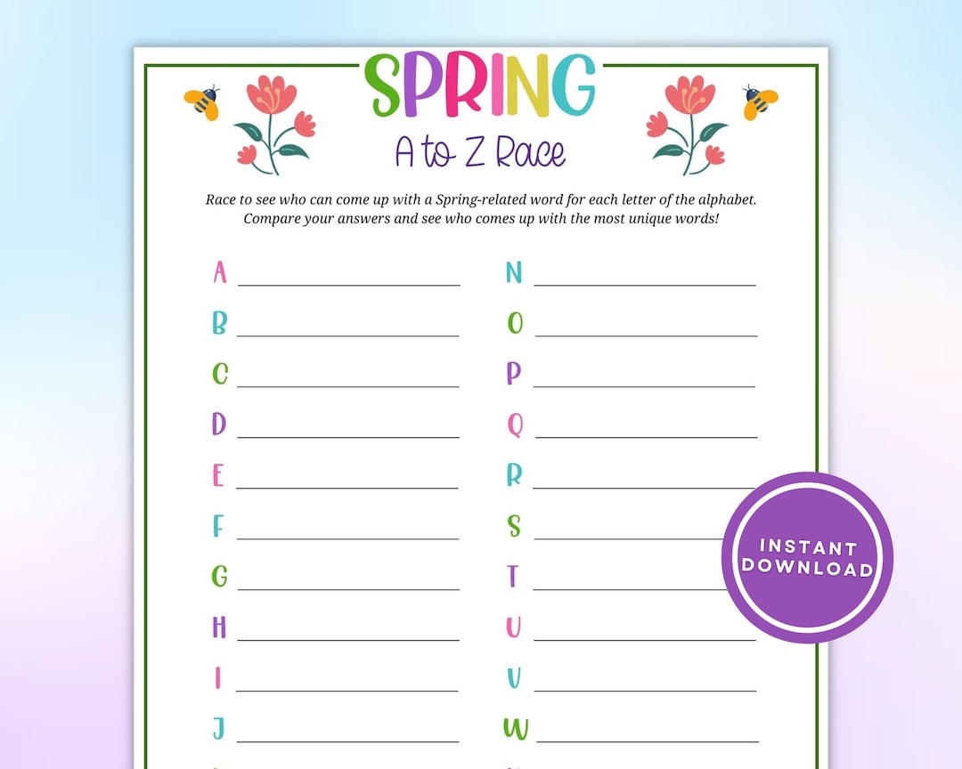 Spring A to Z Game for Kids and Adults, Printable Spring A-Z Word Race ...