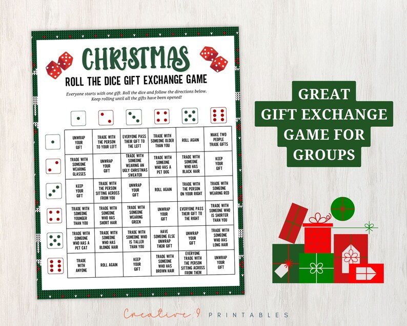 Printable Christmas Gift Exchange Dice Game for Adults, Fun Group Roll ...