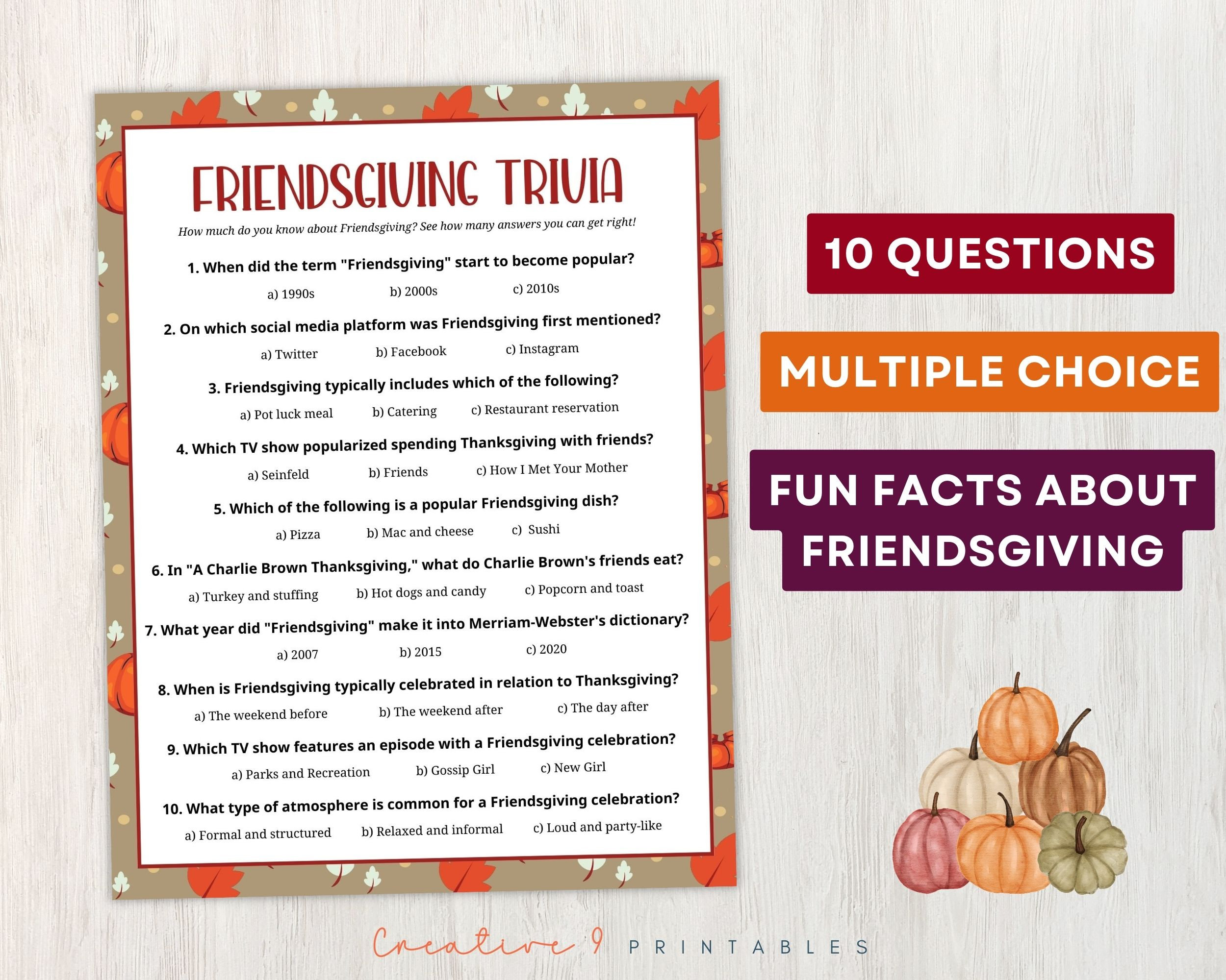 Printable Friendsgiving Trivia Game for Adults, 10 Friendsgiving Trivia ...