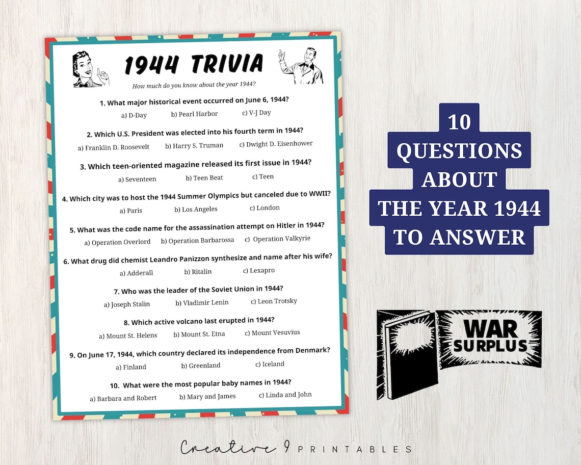 1944 Trivia With Answers, Printable 81st Birthday Game, 10 Fun Quiz ...