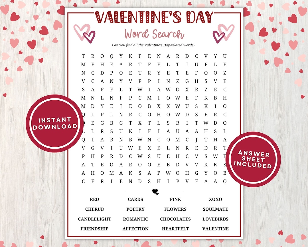 Valentine's Day Word Search for Kids and Adults, Fun Wordsearch Puzzle ...
