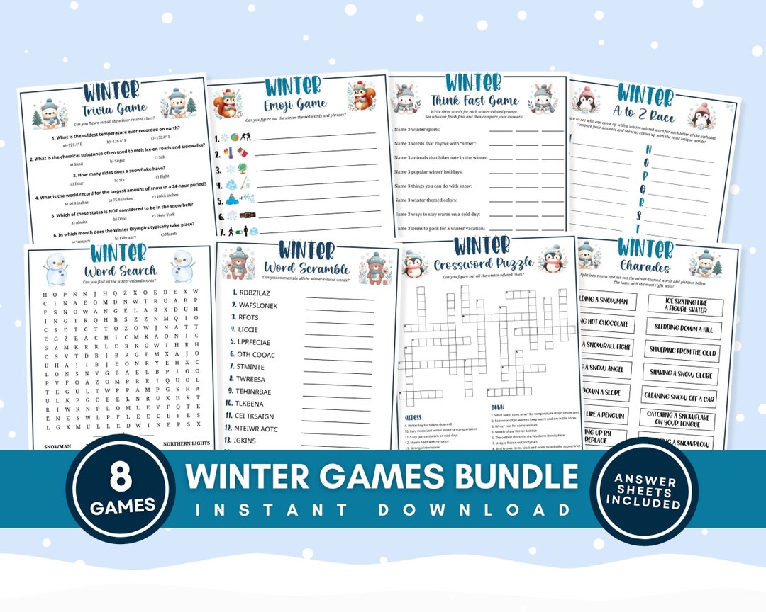 Printable Winter Games Bundle for Kids and Adults, 8 Fun Winter Party ...