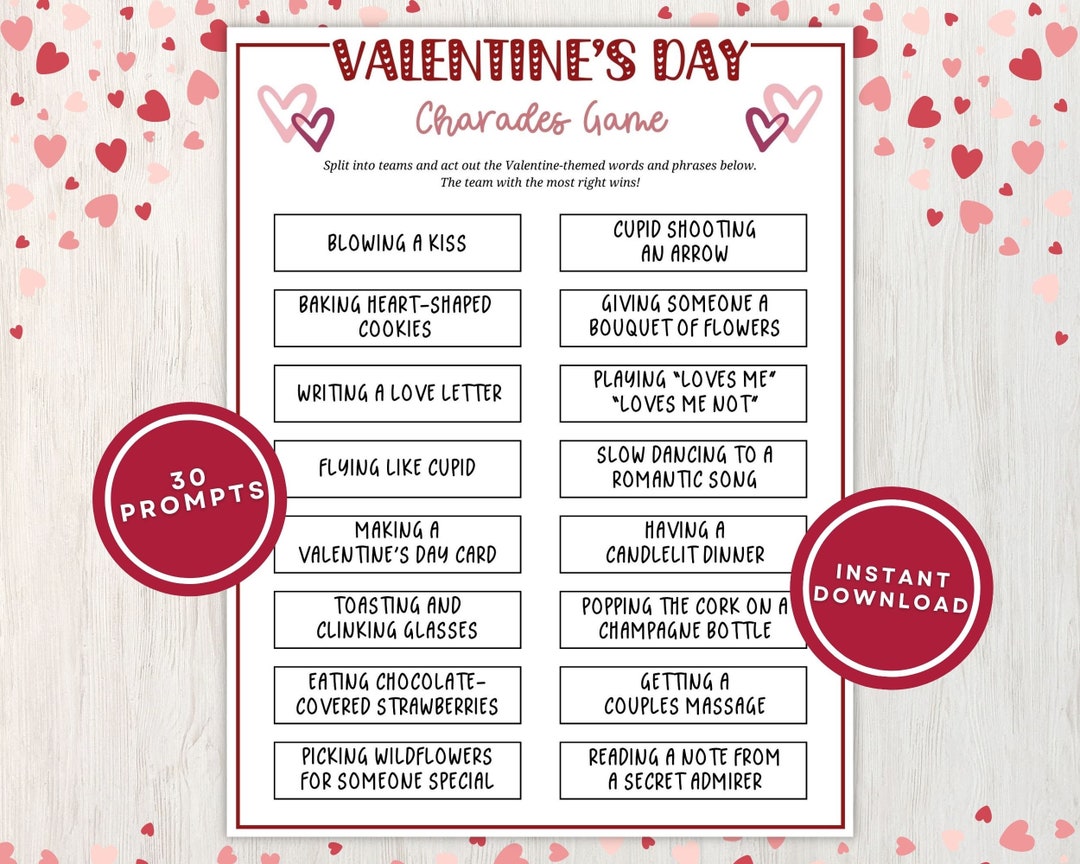 Printable Valentine Charades Game for Kids, 30 Prompts With Valentine ...