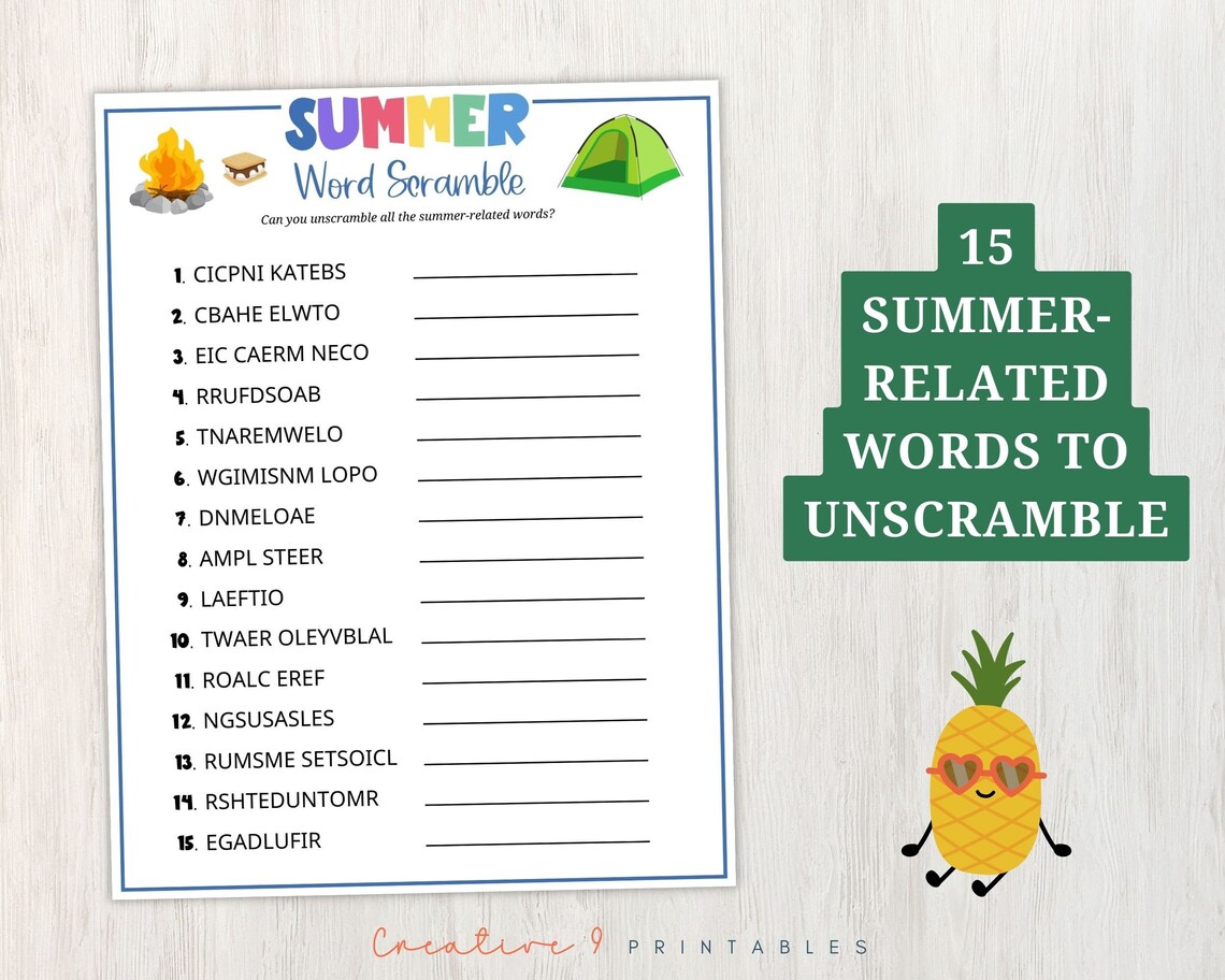 Summer Word Scramble Printable Game for Kids and Adults W/ Answers, 15 ...