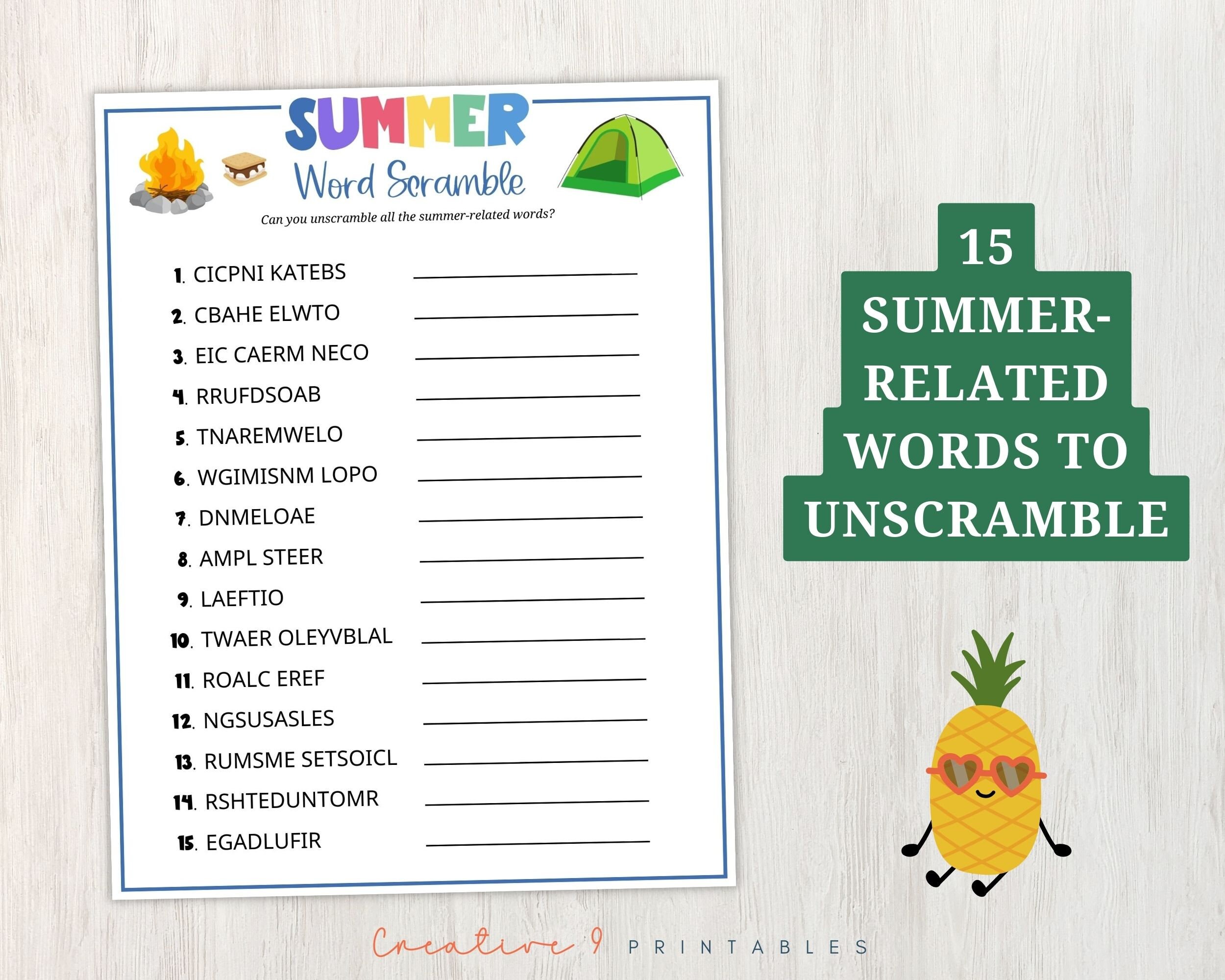 Summer Word Scramble Printable Game for Kids and Adults W/ Answers, 15 ...