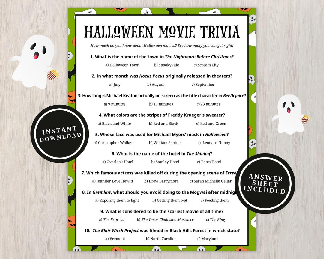 Halloween Movie Trivia Printable Game for Kids and Adults, 10 Trivia ...