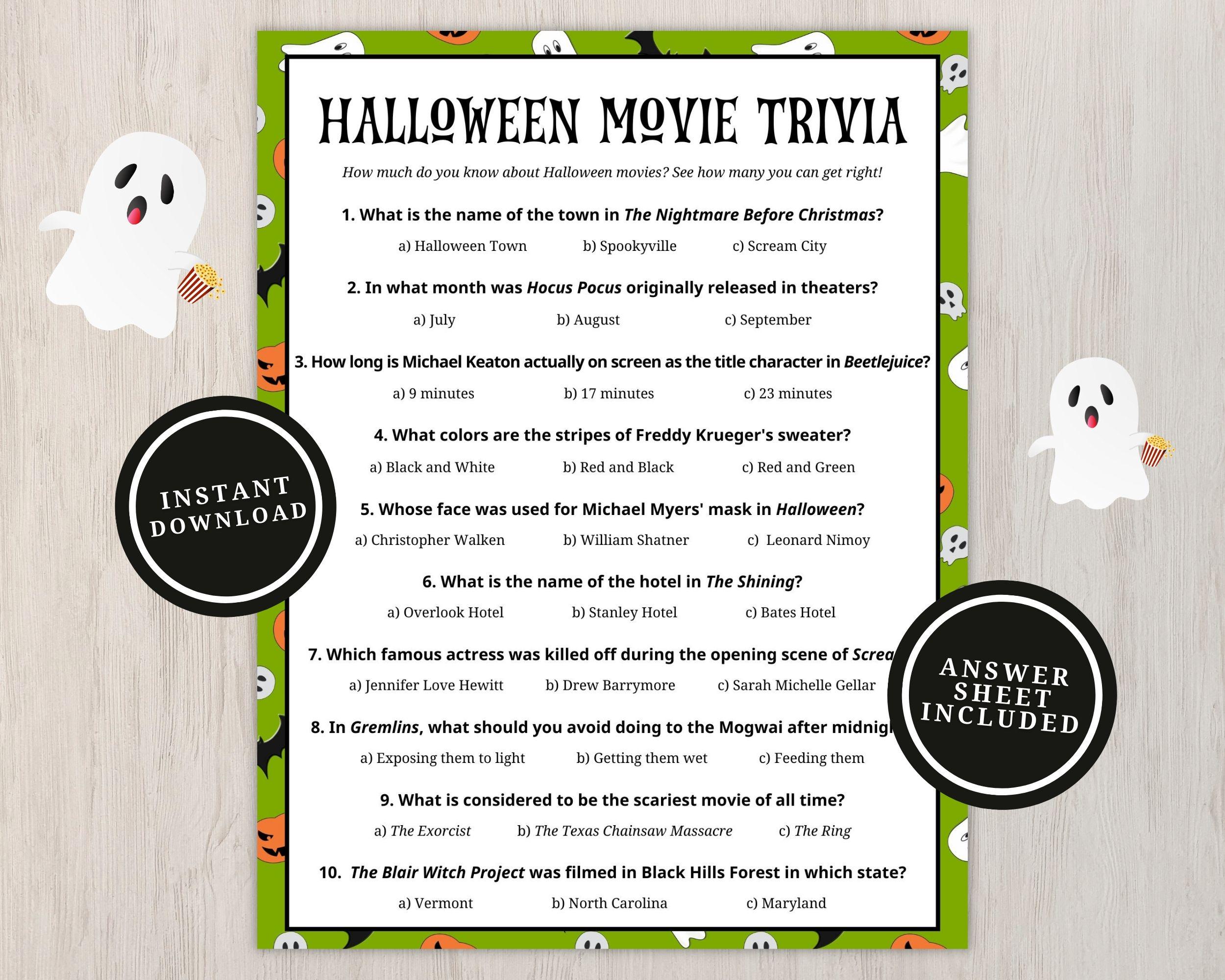 Halloween Movie Trivia Printable Game for Kids and Adults, 10 Trivia ...