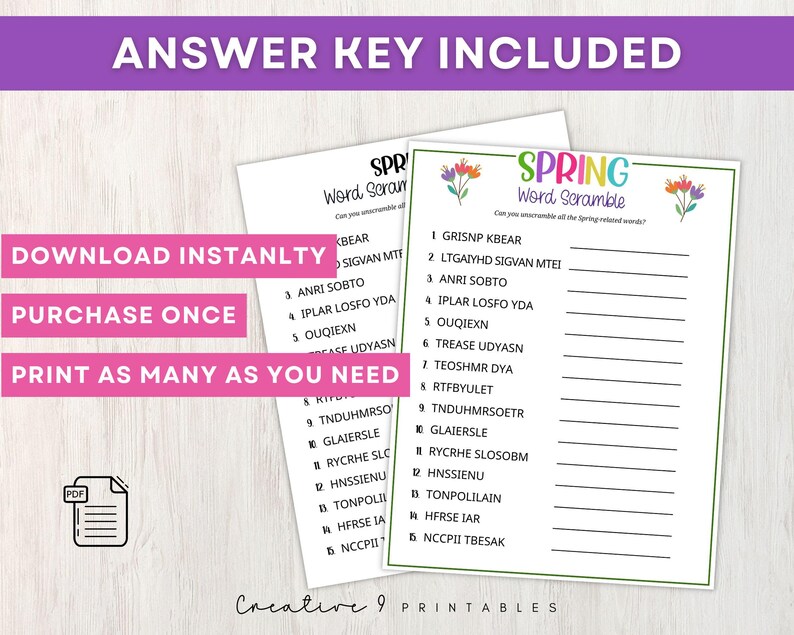 Spring Word Scramble Printable Game for Kids and Adults, 12 Springtime ...