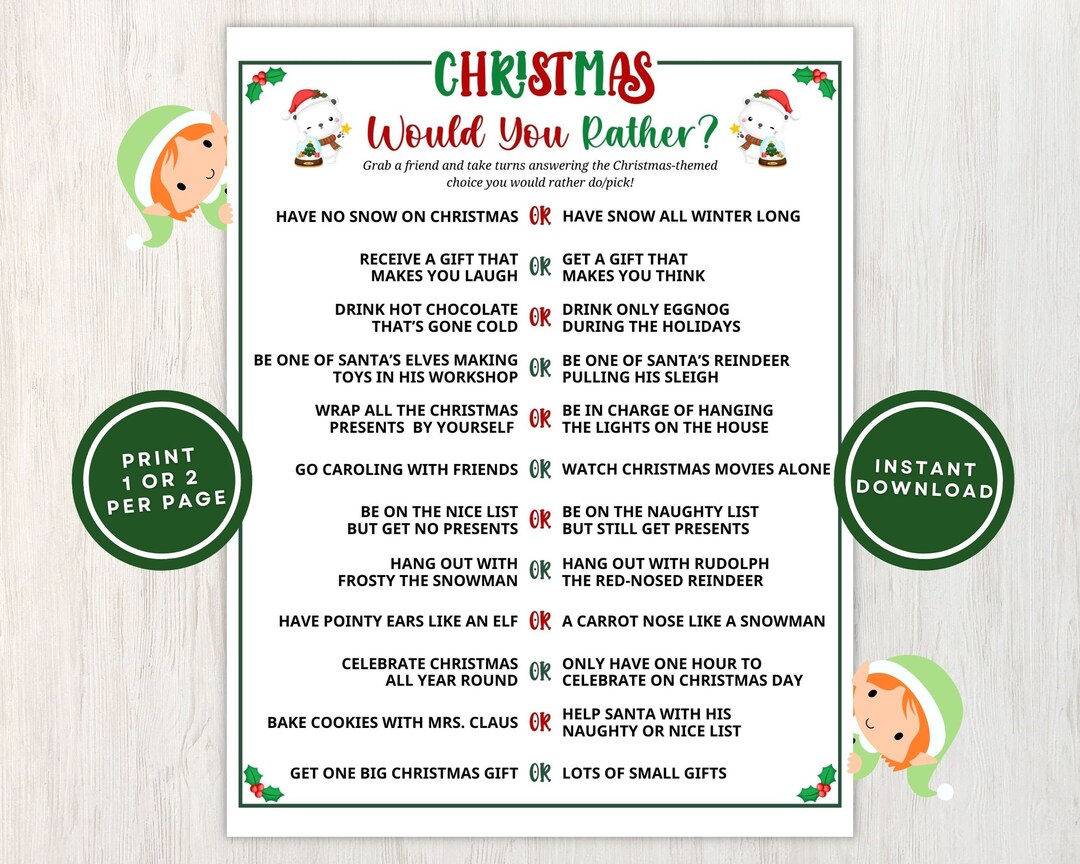 Printable Would You Rather Christmas Game for Kids and Adults ...