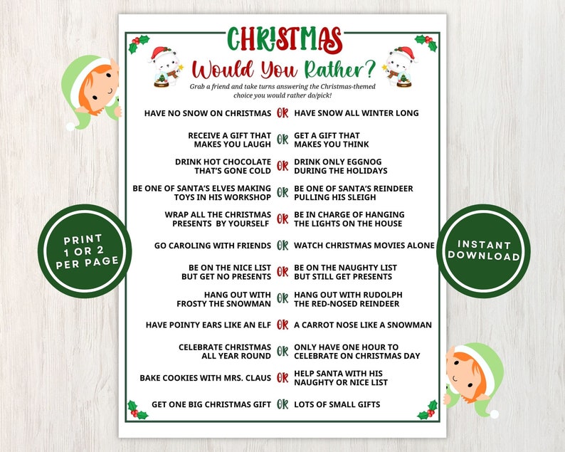 Printable Would You Rather Christmas Game for Kids and Adults ...