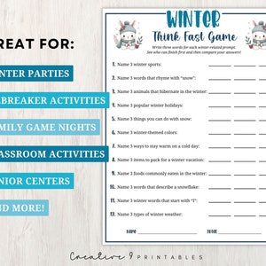 Printable Winter Think Fast Game for Kids and Adults, Think Fast ...