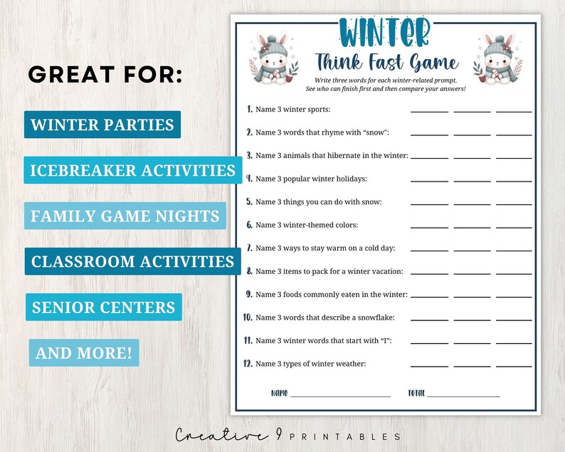 Printable Winter Think Fast Game for Kids and Adults, Think Fast ...