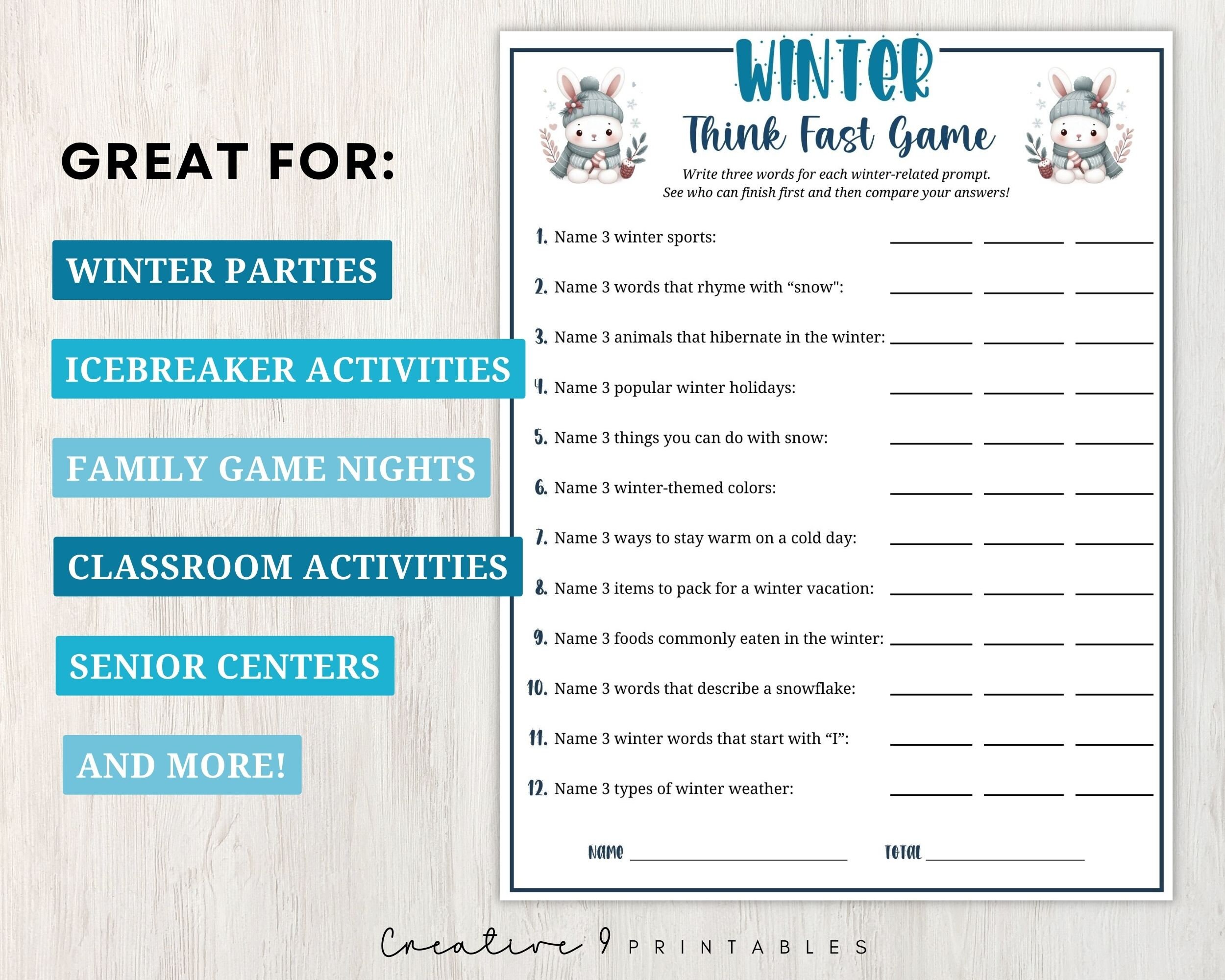 Printable Winter Think Fast Game for Kids and Adults, Think Fast ...