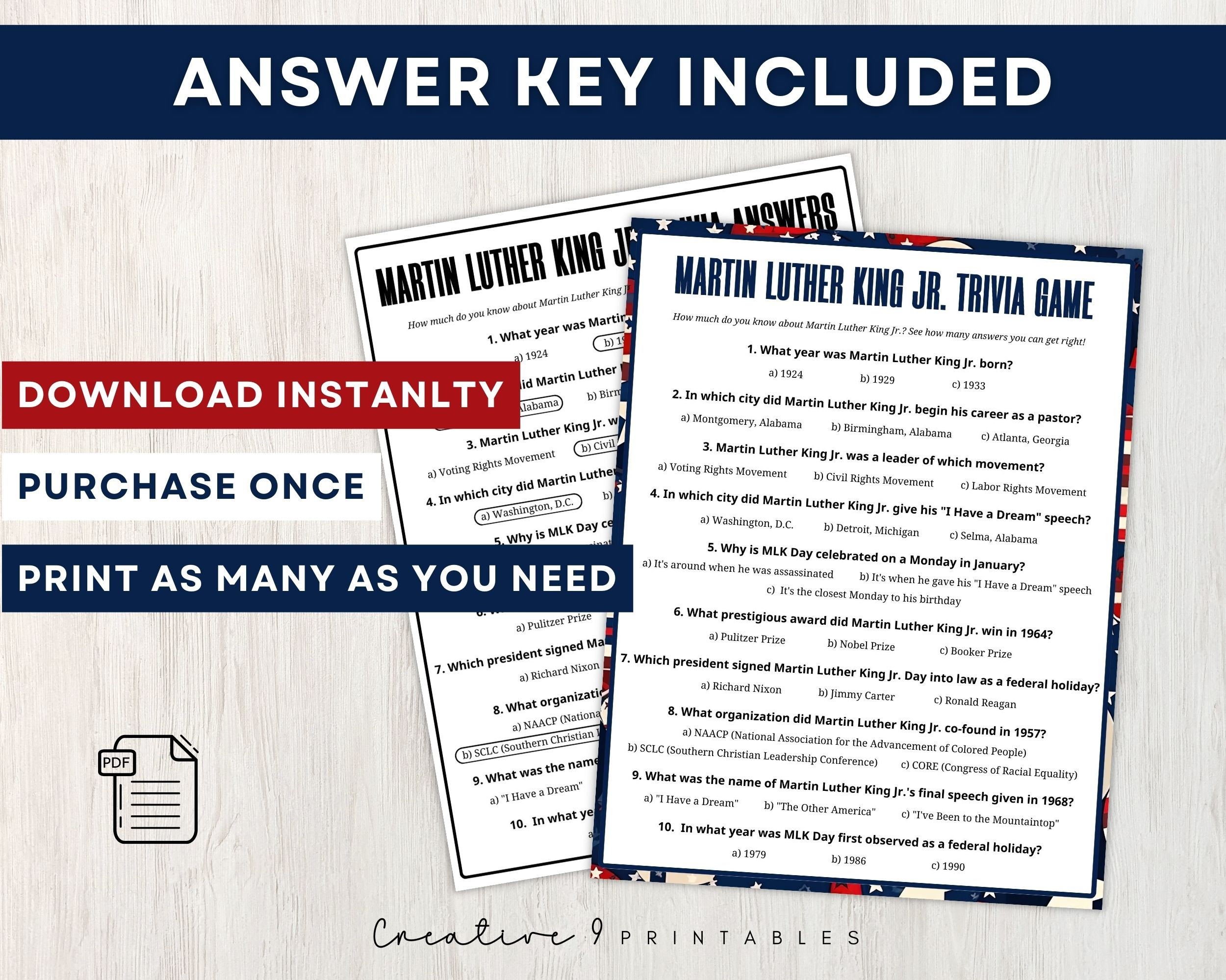 Printable Martin Luther King Trivia Game for Kids and Adults, 10 MLK ...