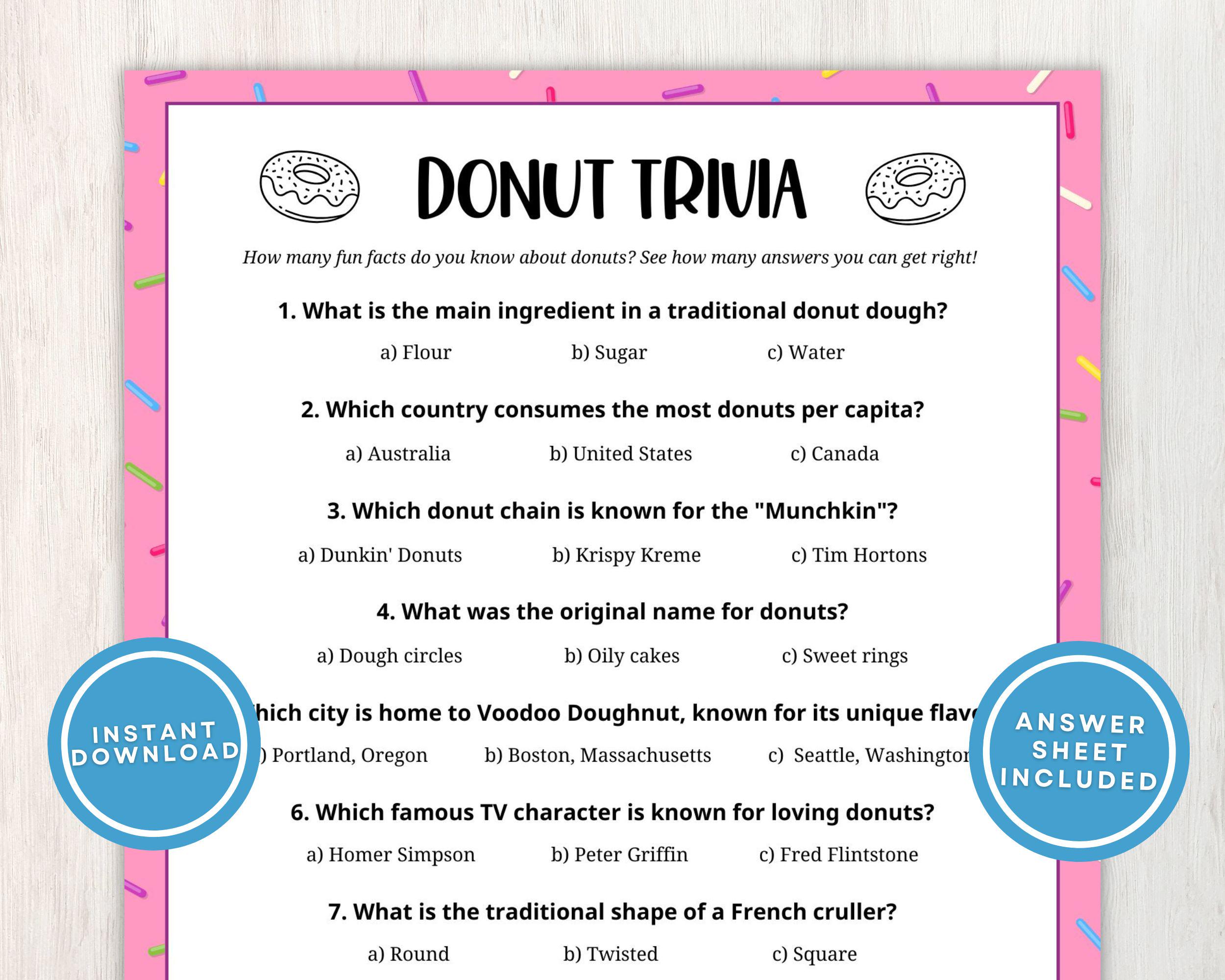 Donut Trivia Printable Game for Kids and Adults, 10 Doughnut Questions ...