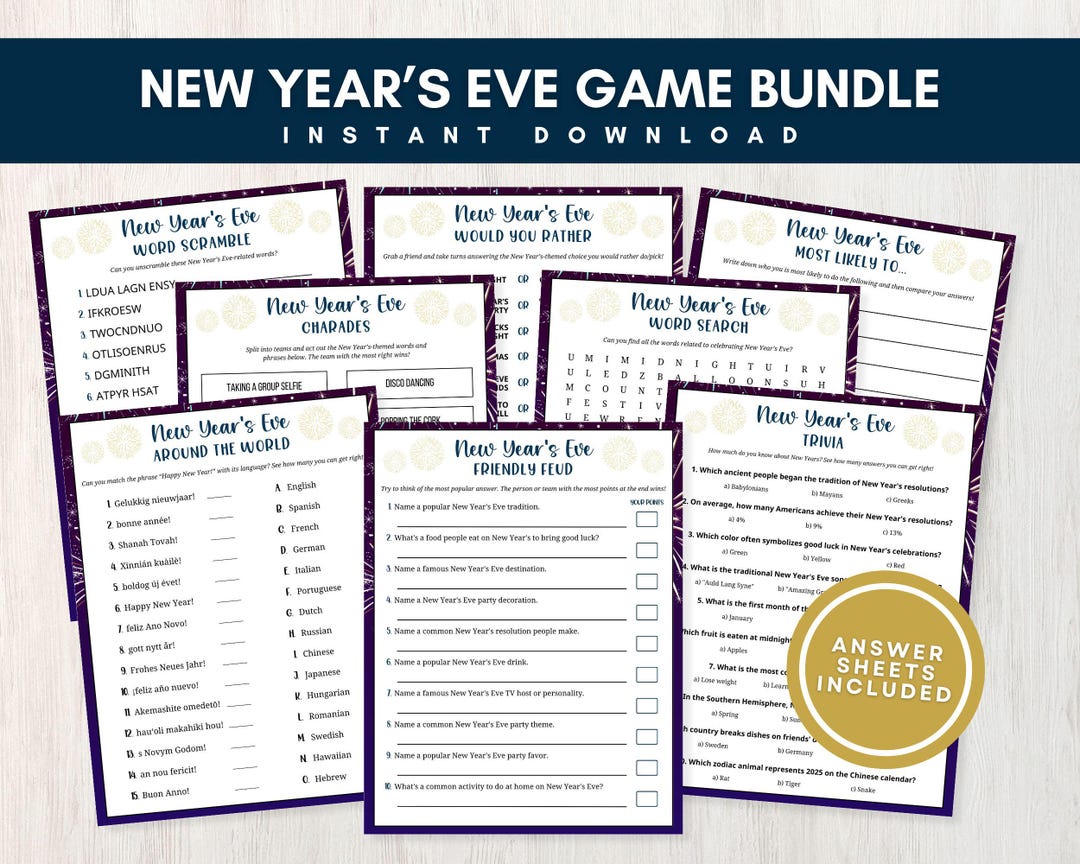 New Year's Eve Game Bundle for Kids and Adults, 8 Fun Printable Games ...