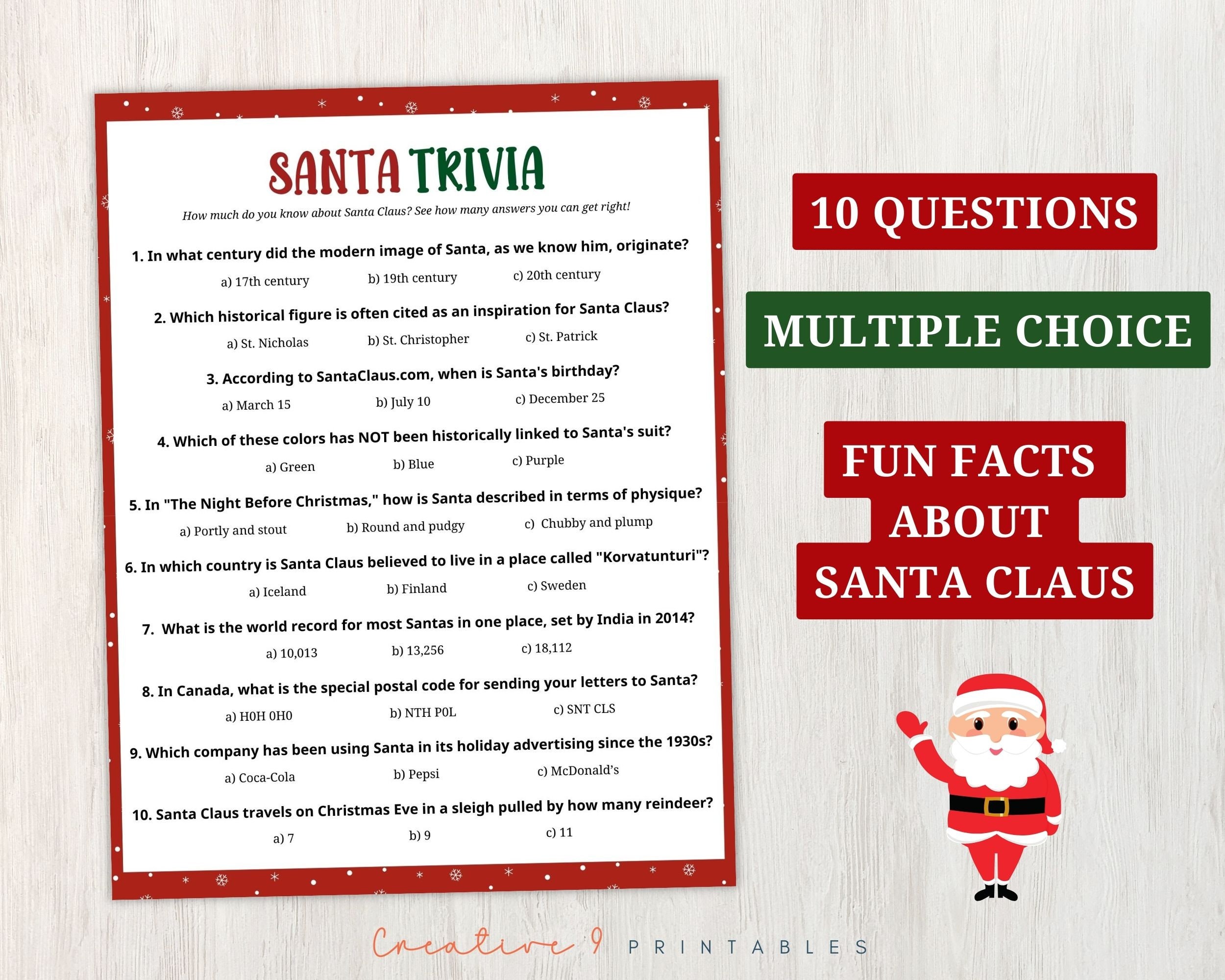 Printable Santa Trivia Game for Adults and Kids, 10 Fun Santa Trivia ...