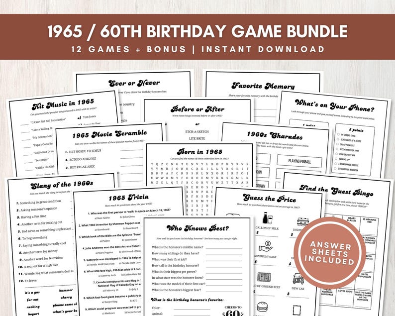 60th Birthday Party Games Bundle, 12 Fun Printable 1965 Trivia and ...