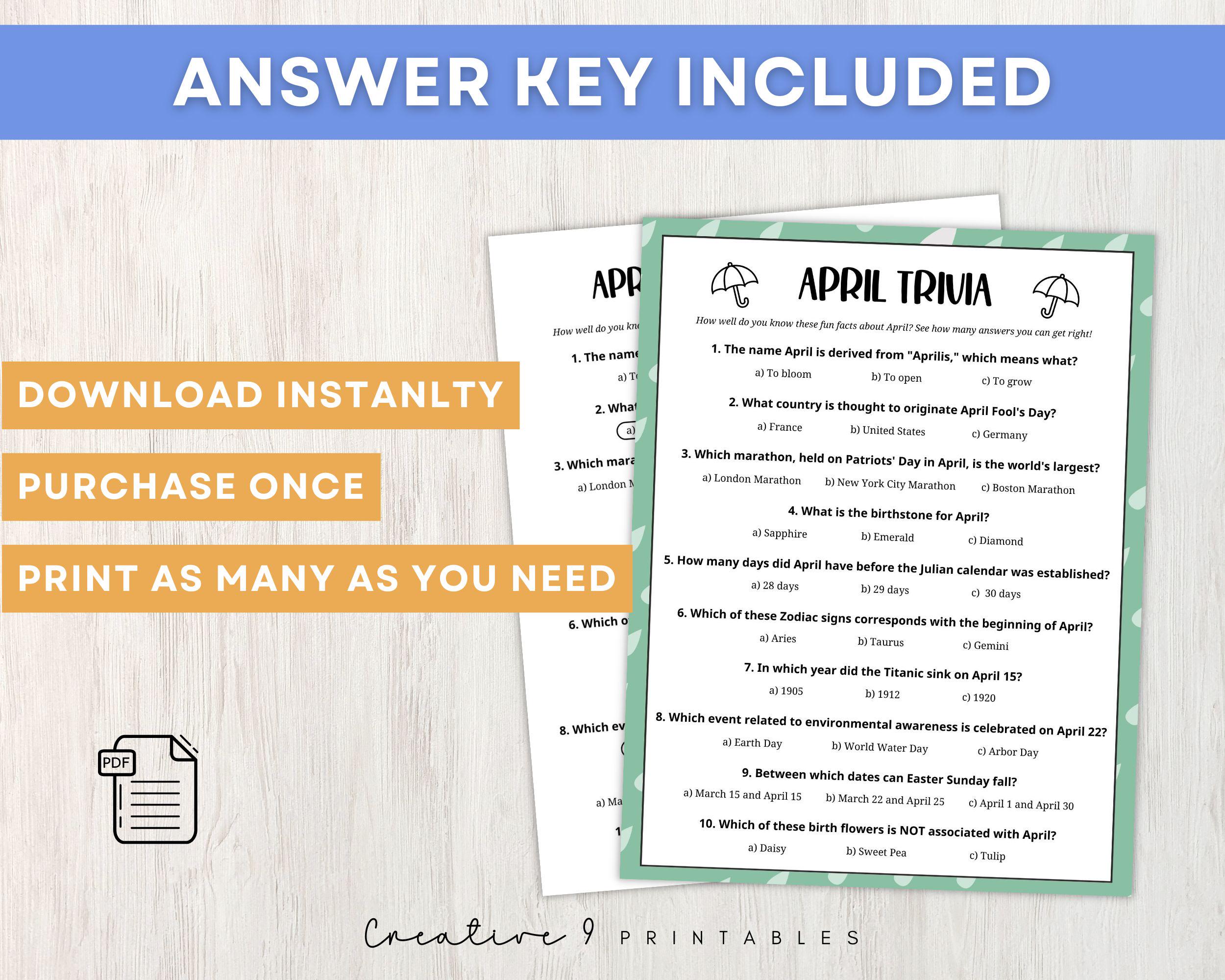 April Trivia Printable Game for Kids and Adults, 10 Fun Facts Quiz ...