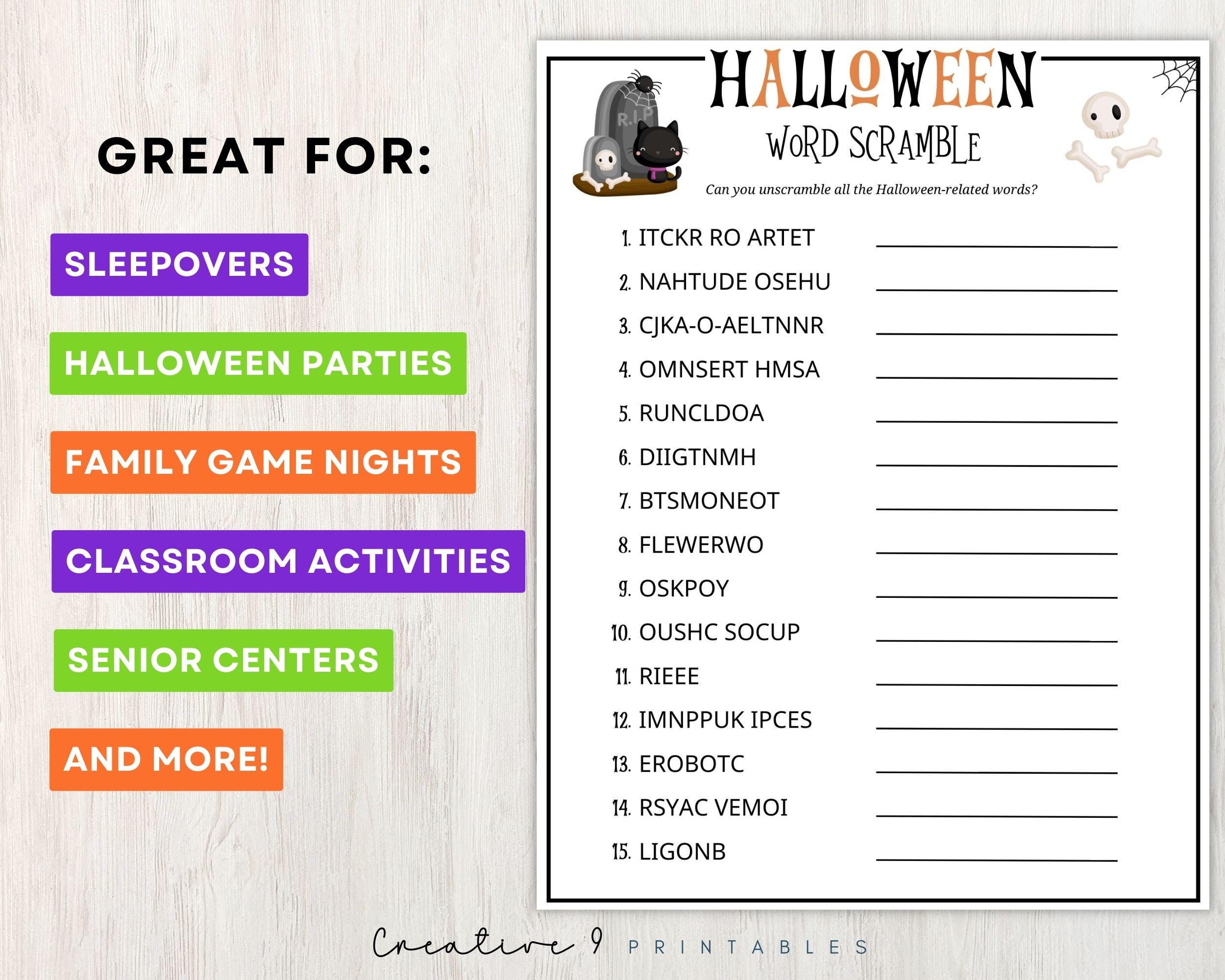 Halloween Word Scramble Printable Game for Kids and Adults With Answers ...