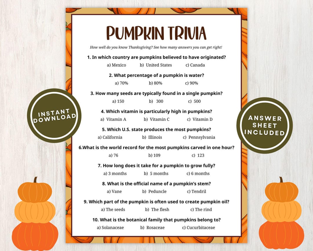 Pumpkin Trivia Game Printable for Kids and Adults, 10 Fall Trivia ...