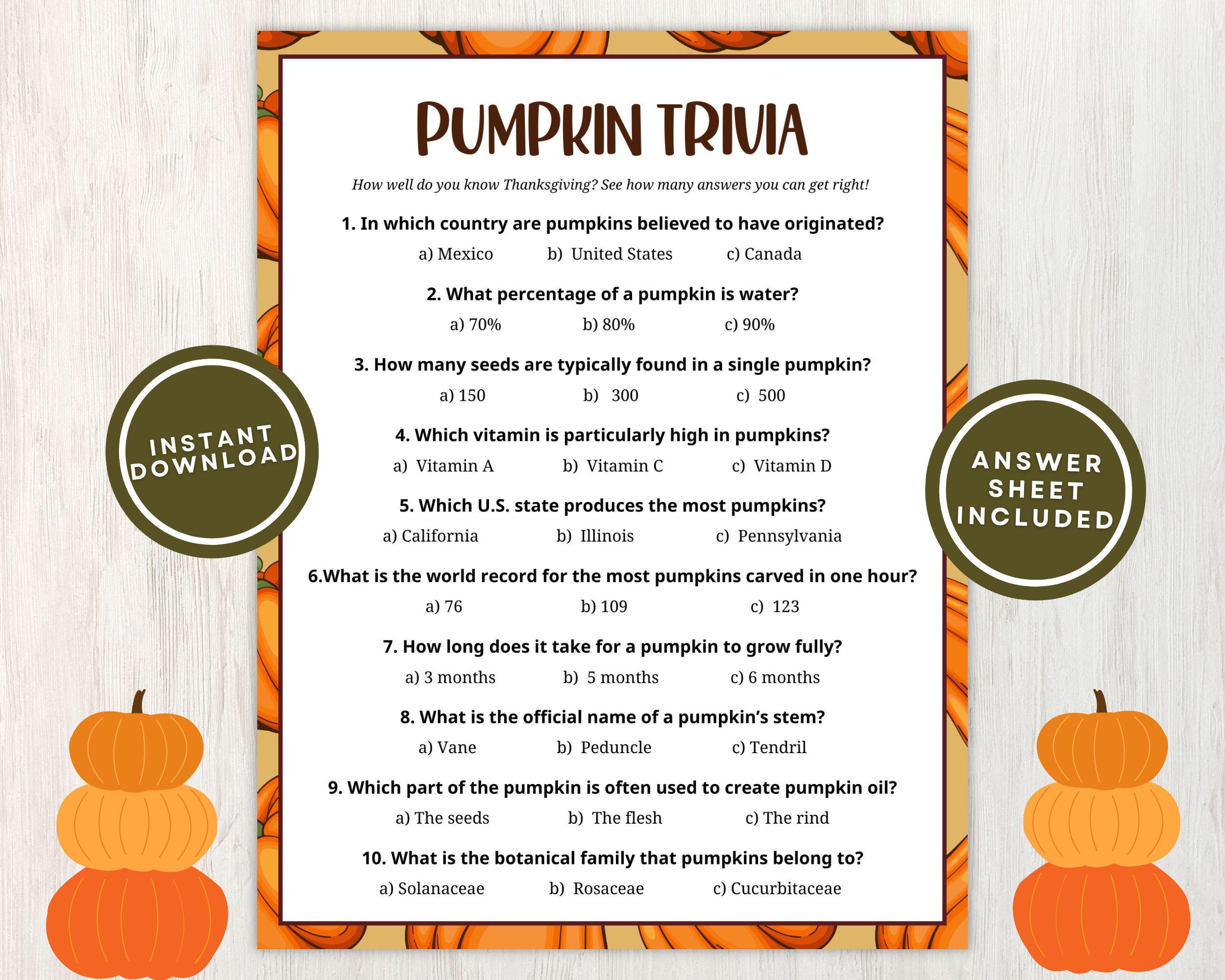 Pumpkin Trivia Game Printable for Kids and Adults, 10 Fall Trivia ...