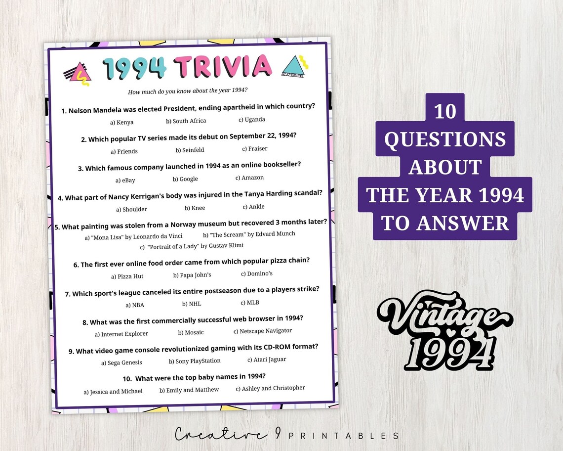 1994 Trivia With Answers, Printable 31st Birthday, Reunion, or ...