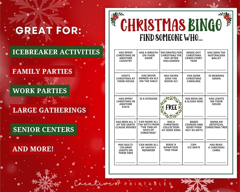 Printable Christmas Find Someone Who Bingo Game for Adults, 50 ...