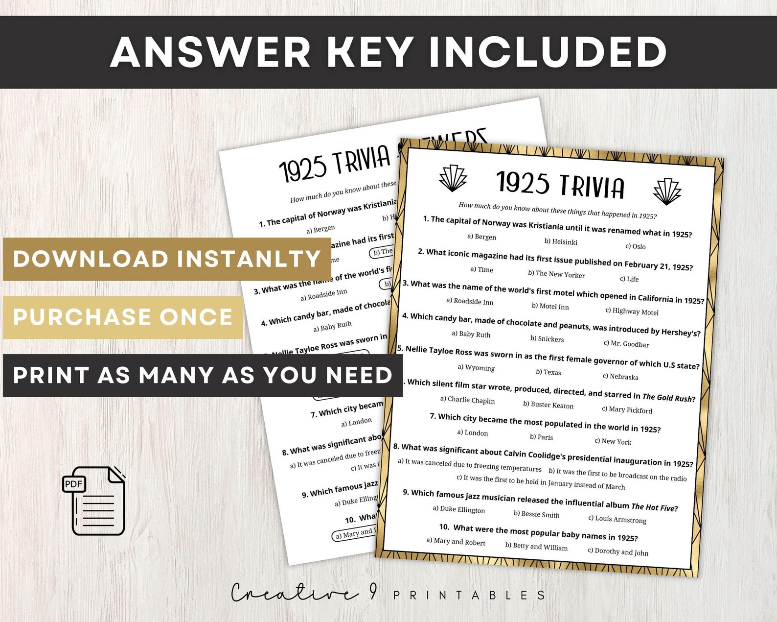 1925 Trivia With Answers, Printable 100th Birthday Game, 10 Fun Quiz ...